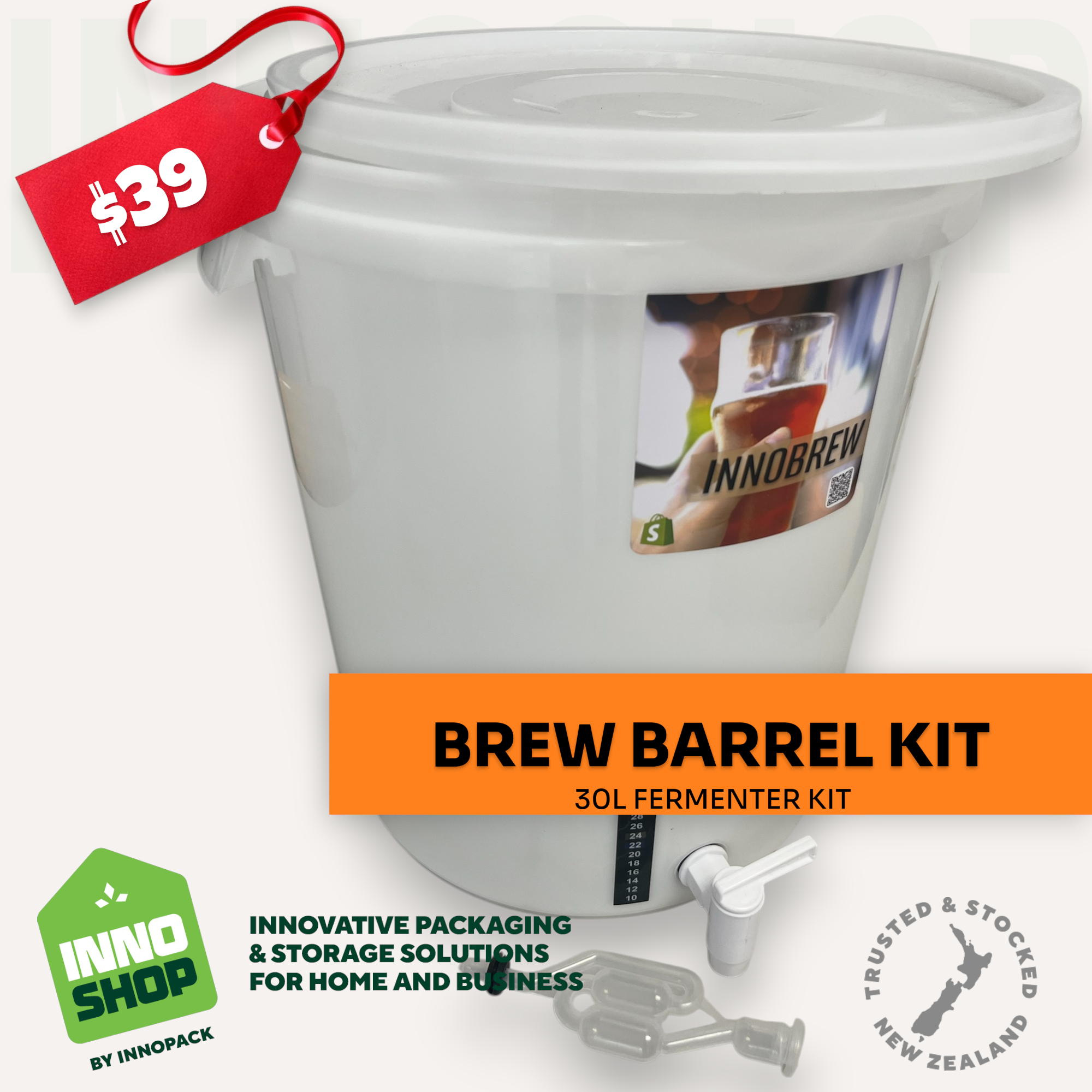 30L BREW BARREL KIT - PAIL LID TAP AIRLOCK, THERMO-STICK & BLACK GROMM ...