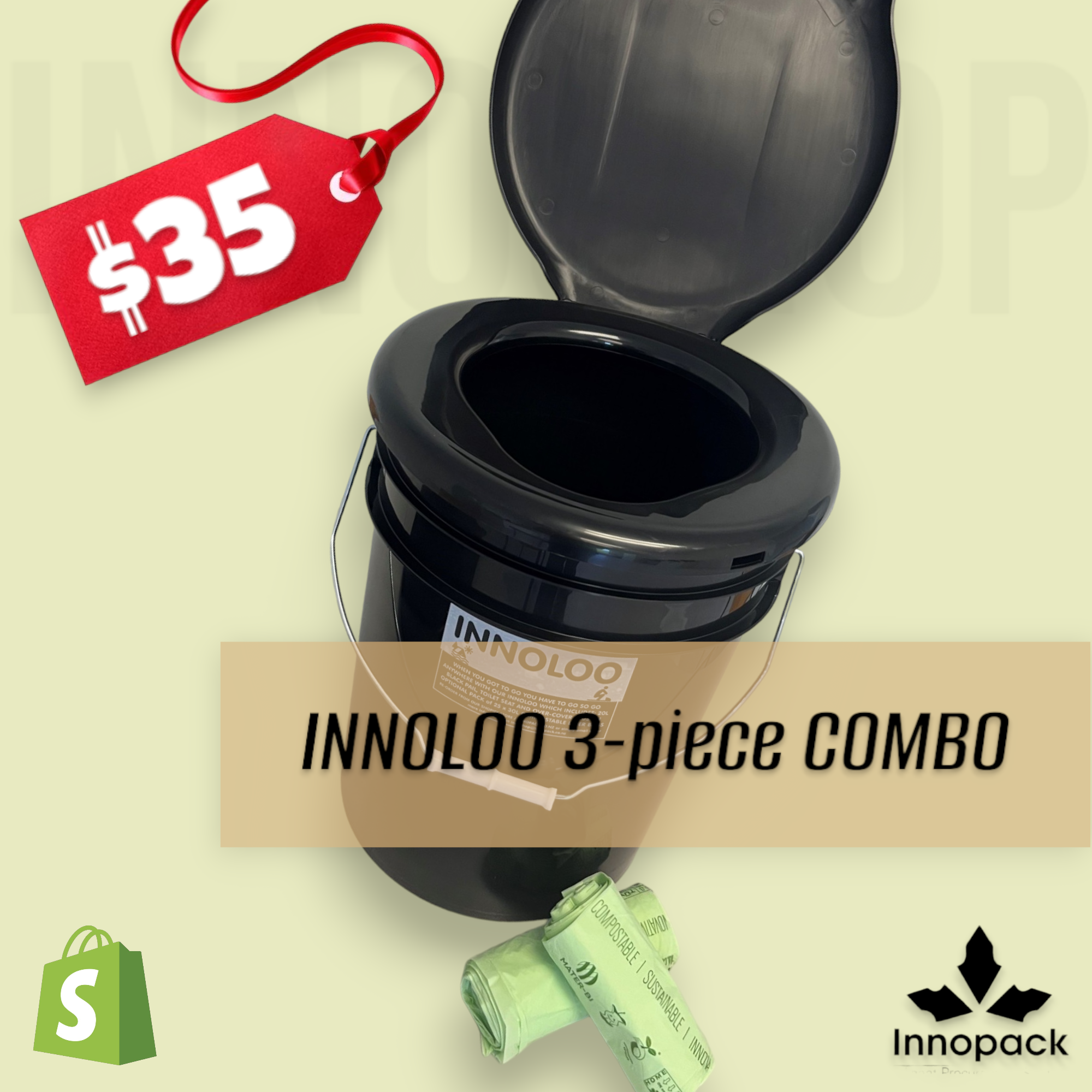 INNOLOO 20L PAIL & TOILET SEAT COMBO + 25 x 30L HOME COMPOSTABLE BAGS ...